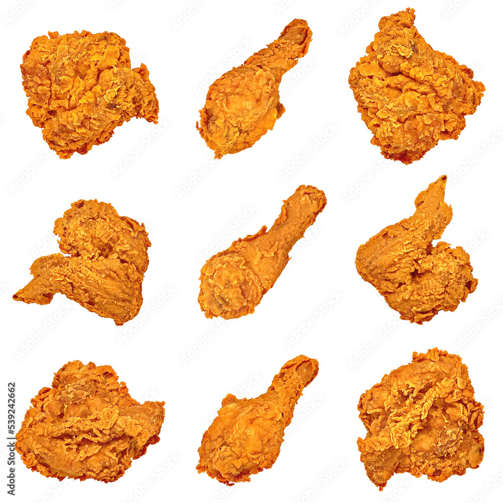 Collection of Golden Brown Fried Chickens Isolated in White Stock Photo ...