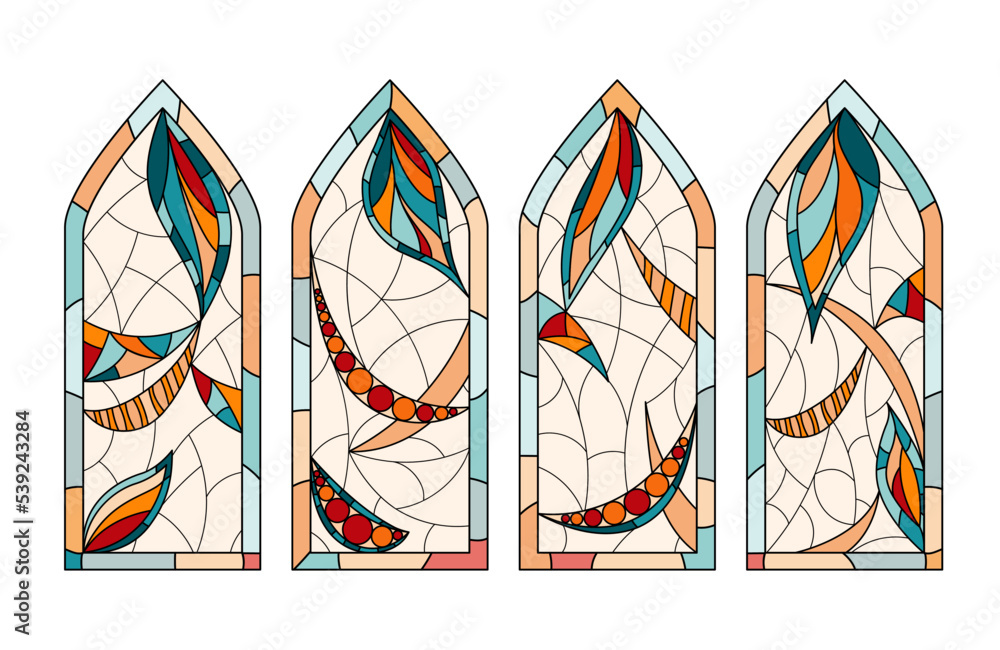 Stained glass Church windows. Set of 4 different pictures drawing in ...
