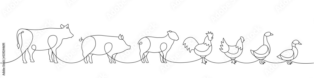 Farm animals one line continuous drawing. Cow, Pig, Sheep, Rooster ...