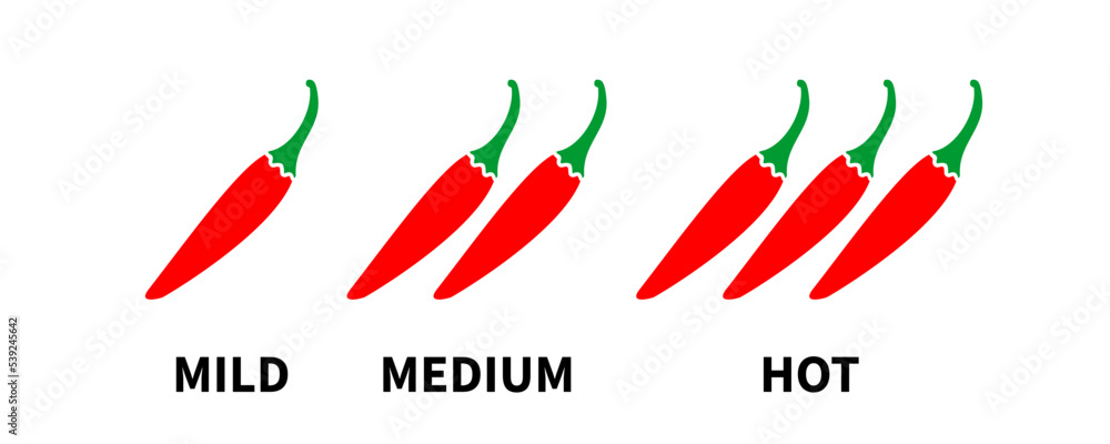 Set of hot red pepper strength scale. Spicy farm food products ...