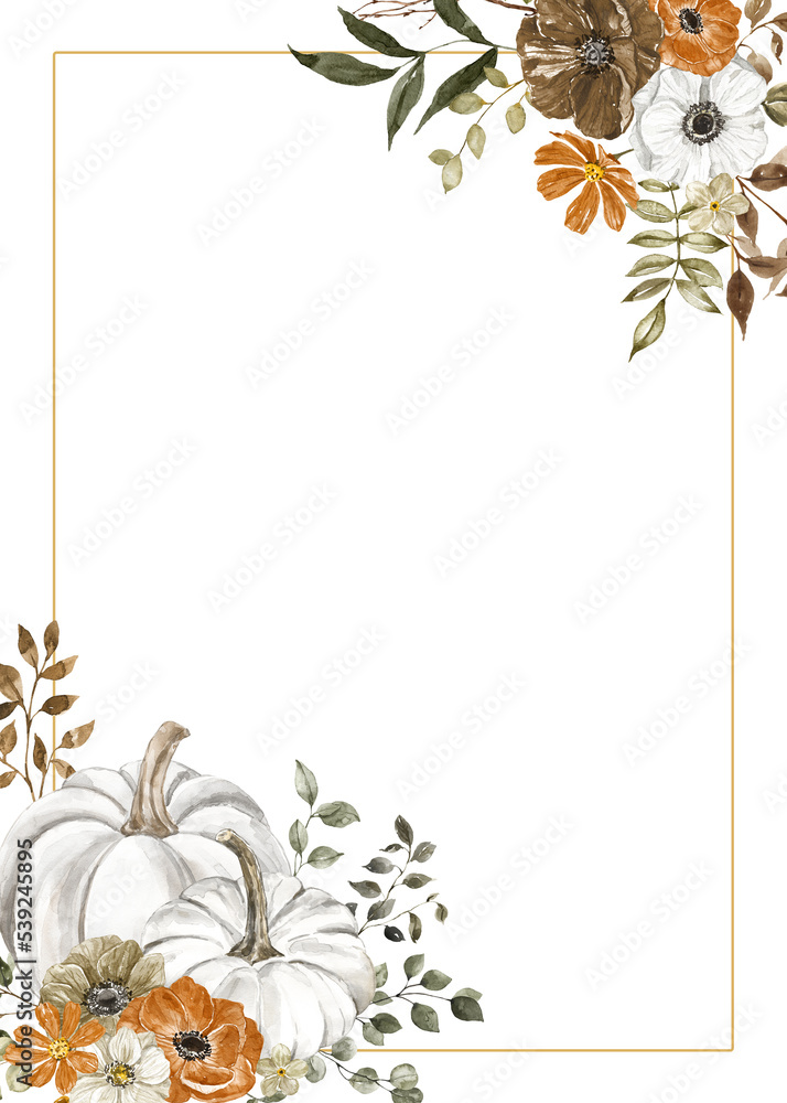 Watercolor fall pumpkin frame with rust, white and brown flowers, and ...