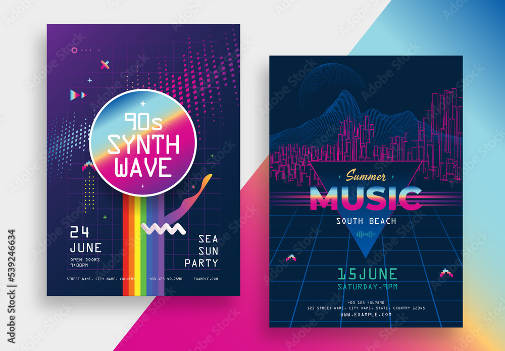 Synth Wave Music Posters Layout with Neon Colors Stock Template | Adobe ...