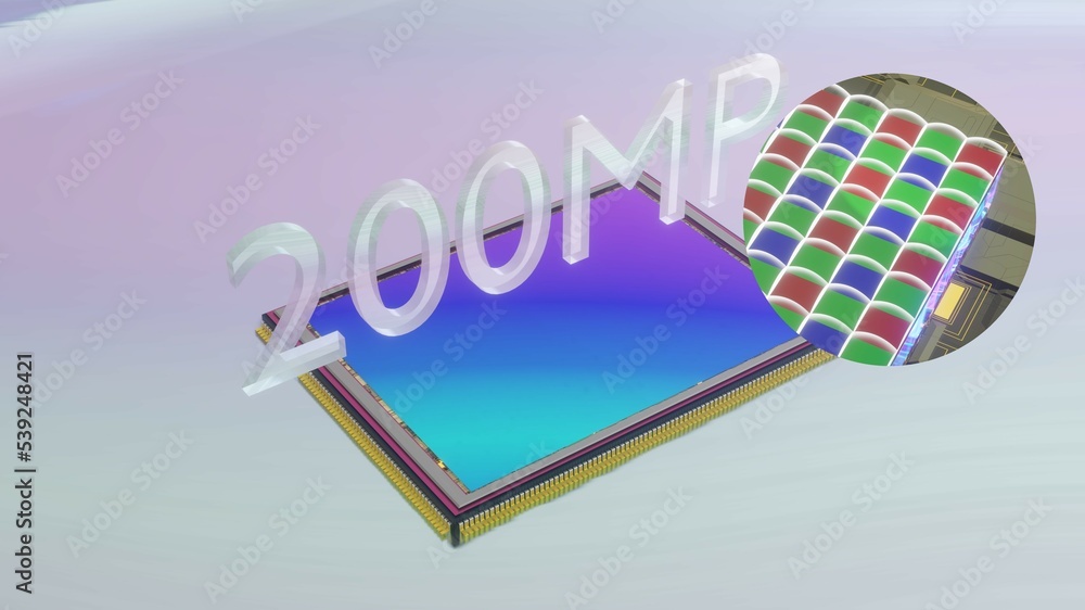 200 megapixel digital camera sensor, with pixels enlarged 3D rendering ...