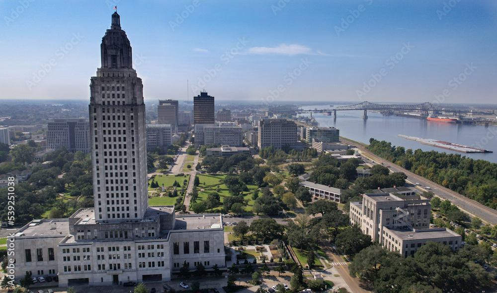 Baton Rouge State Capitol Louisiana city Mississippi River bridge levee ...