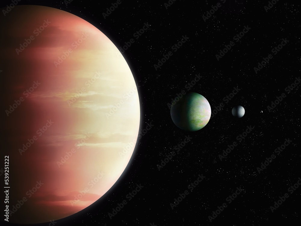 Comparison of the size of a gas giant planet with a rocky planet, a ...