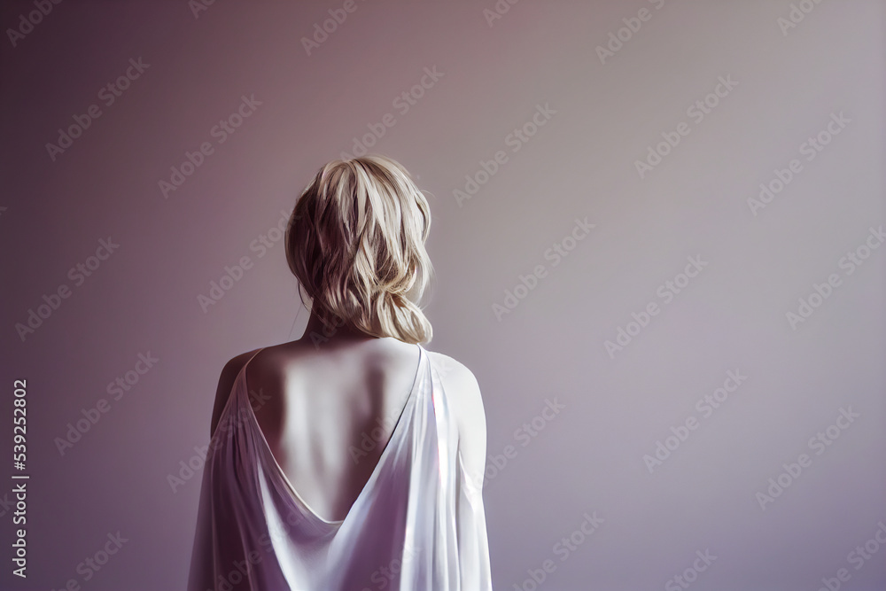 Blonde woman seen from behind, neutral background, shoulder and ...