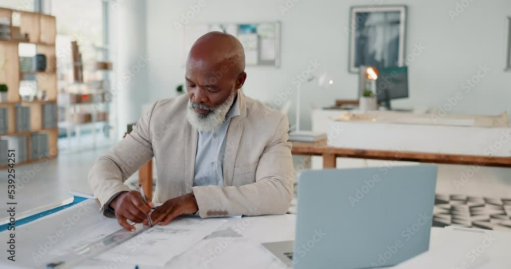 Architecture businessman, technical drawing and blueprint ruler ...