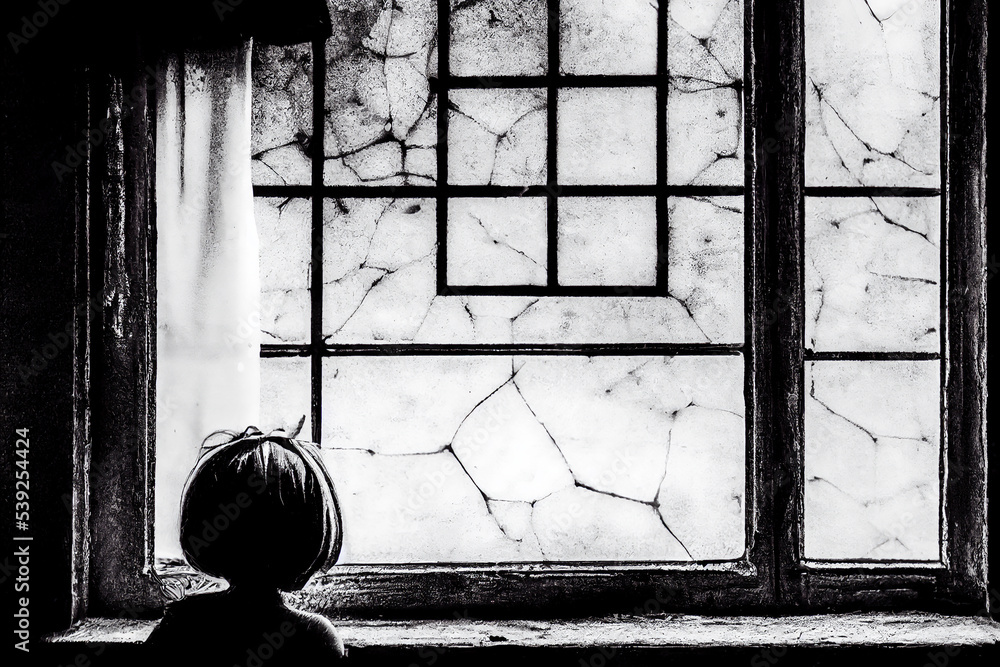 Image of terror with a puppet hanging from the window, black and white ...