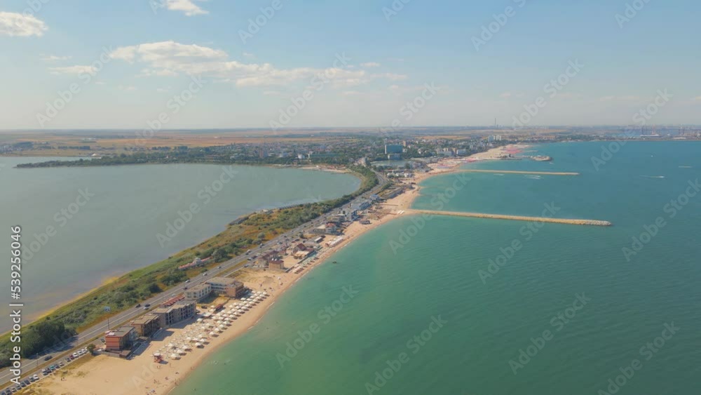 Aerial video taken from a drone at Eforie beach with Techirghiol lake ...
