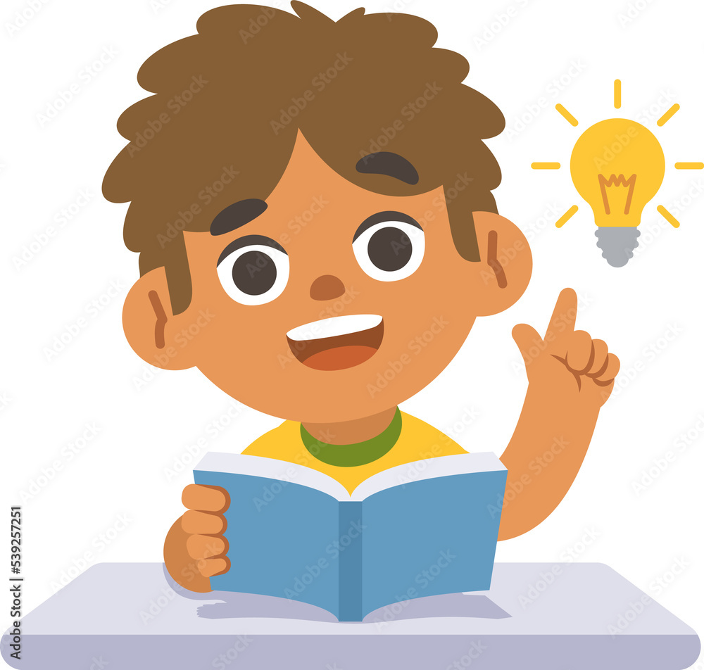 A black boy get an idea on the desk with a book and a bulb ...