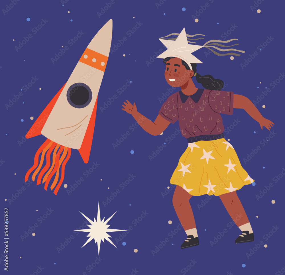 Astronaut woman with jet backpack flying among planets and rockets ...
