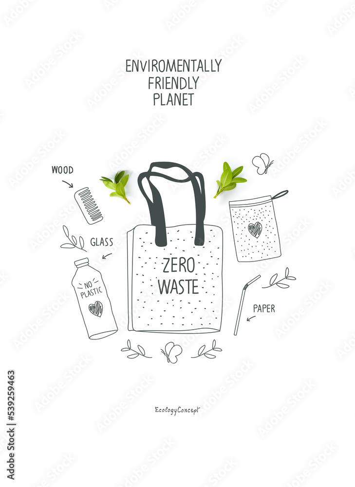 Zero waste Concept. Biodegradable bag, with green leaves and hand drawn ...
