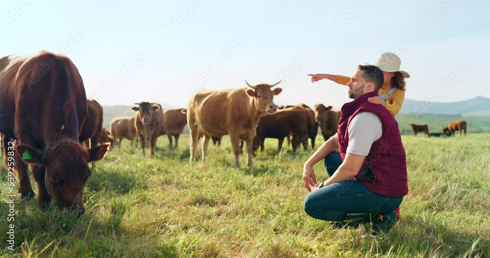 Farmer, family and girl and father bonding in the countryside, learning ...