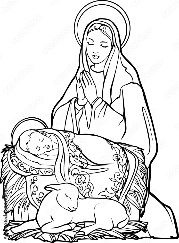 Christmas Christian Christmas baby Jesus scene in a manger with Mary ...