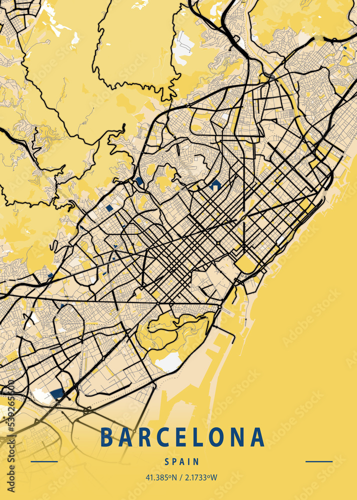 Barcelona city map poster print. Detailed map of Barcelona (Spain ...