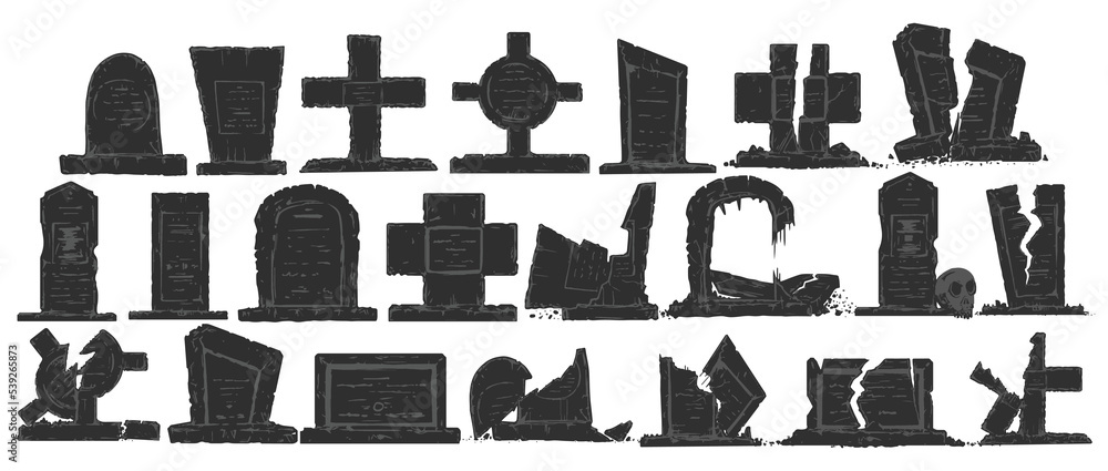 Big set of vector tombstones isolated on white background. Ruined old ...