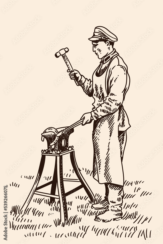 A blacksmith in a special uniform with an apron stands near an anvil ...