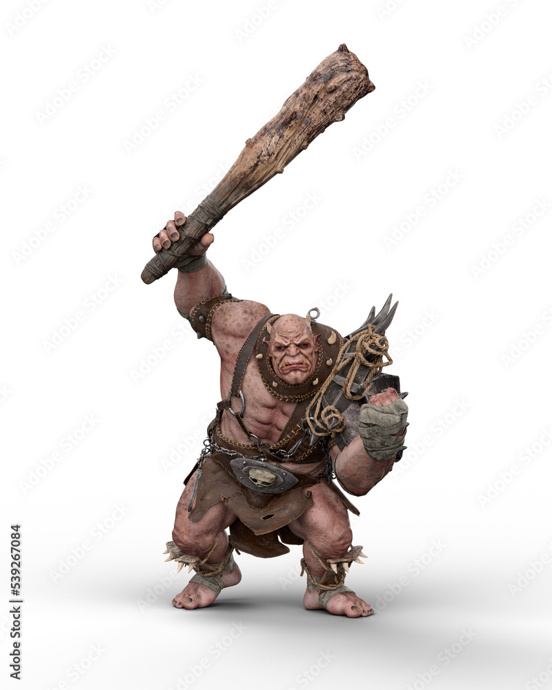 3D rendering of a large aggressive ogre in a battle pose with a huge ...