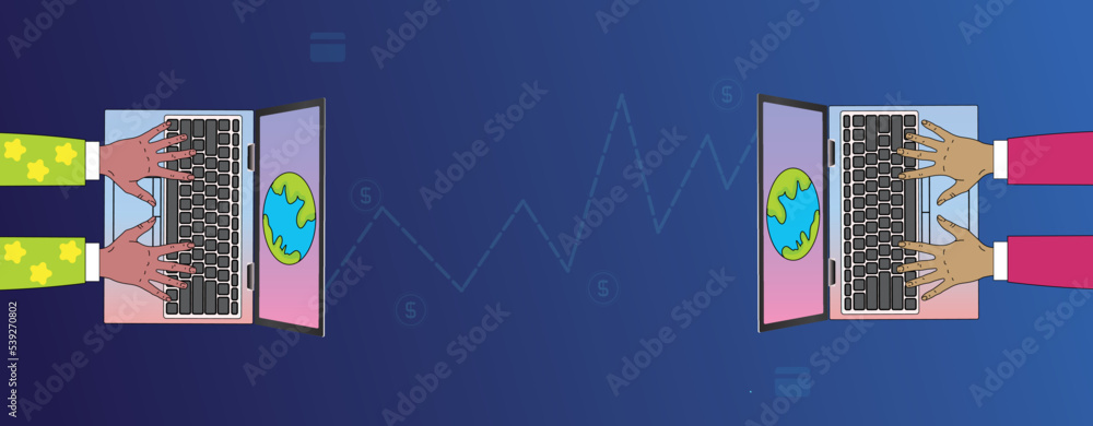 Vector illustration of cartoon hands working with laptop computers ...