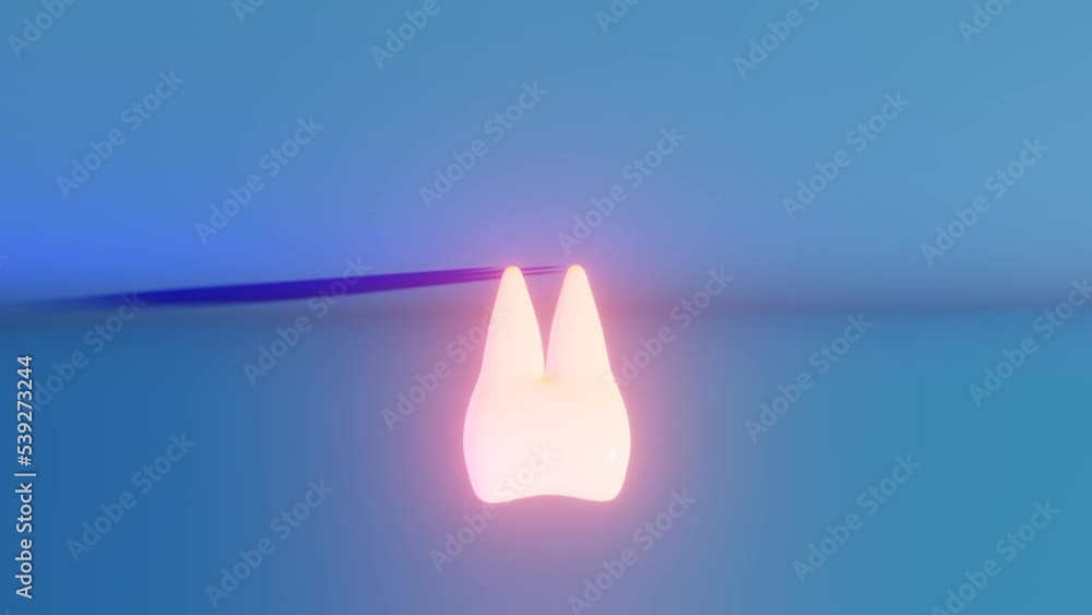 Toothache 3D loop animation neon light blue background. White healthy ...