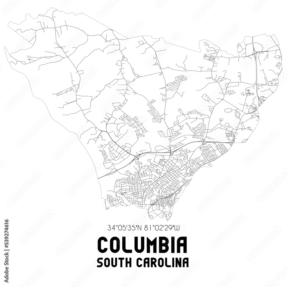 Columbia South Carolina. US street map with black and white lines ...