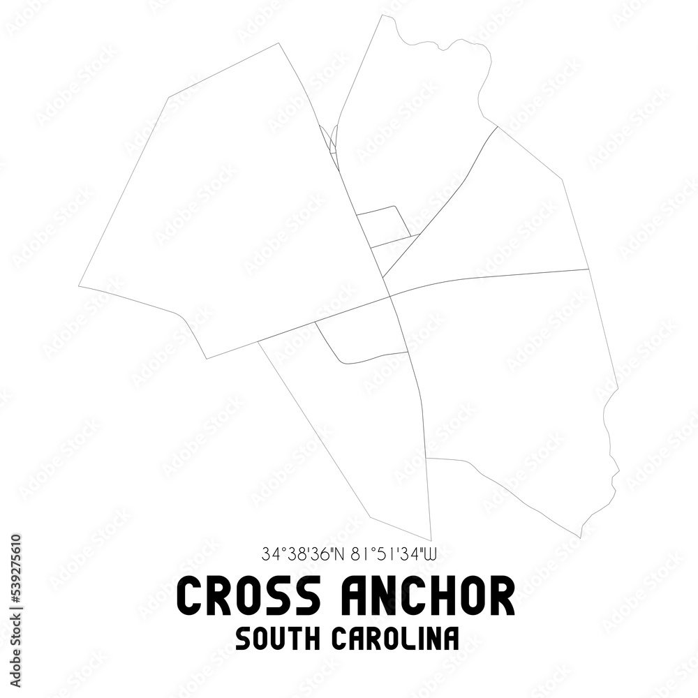 Cross Anchor South Carolina. US street map with black and white lines ...