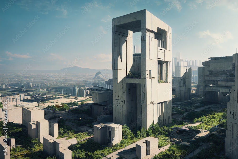 Aerial view of cyberpunk brutalist utopian city, ancient white stone architecture. Digital ...