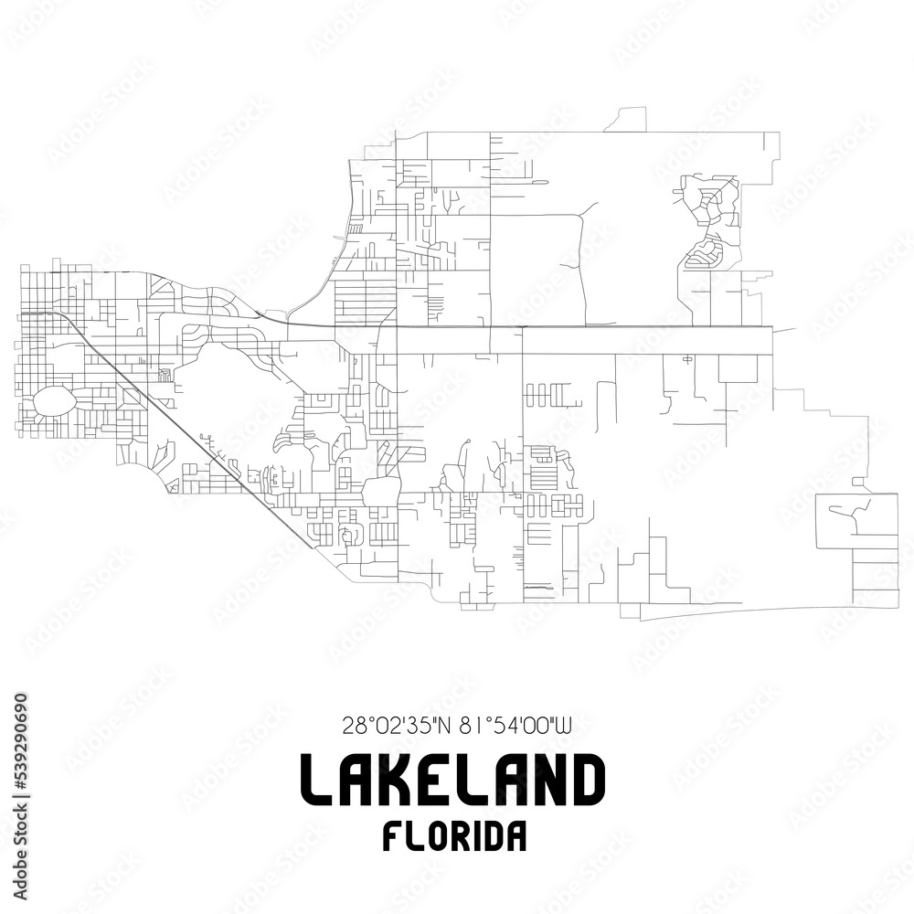 Lakeland Florida. US street map with black and white lines. ilustración ...