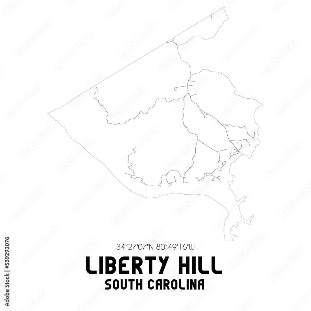 Liberty Hill South Carolina. US street map with black and white lines ...