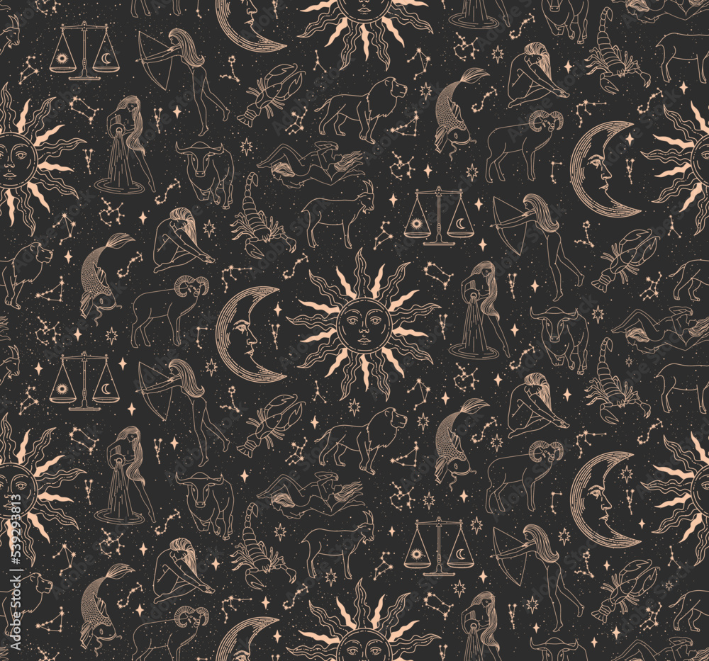 Seamless pattern with zodiac signs. Wheel of astrology. Realistic ...
