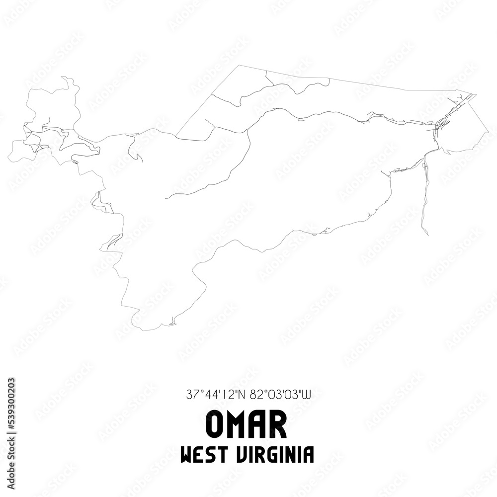 Omar West Virginia. US street map with black and white lines ...