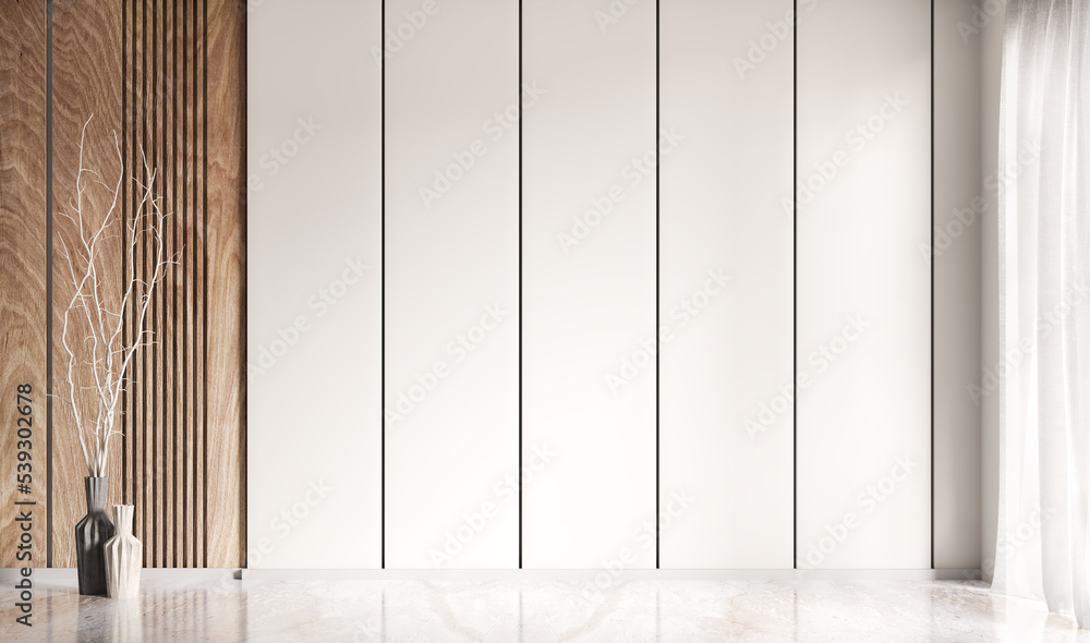 Empty room interior background, white paneling mock up wall. Wooden ...