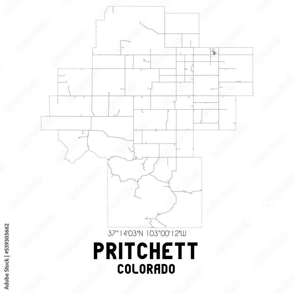 Pritchett Colorado. US street map with black and white lines ...