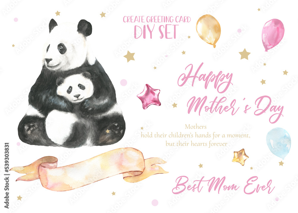 Watercolor panda Happy Mother's day diy set. Create greeting card ...