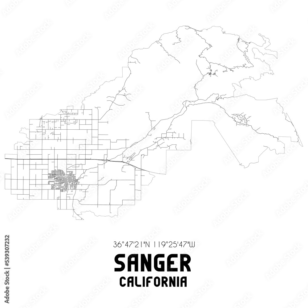 Sanger California. US street map with black and white lines ...