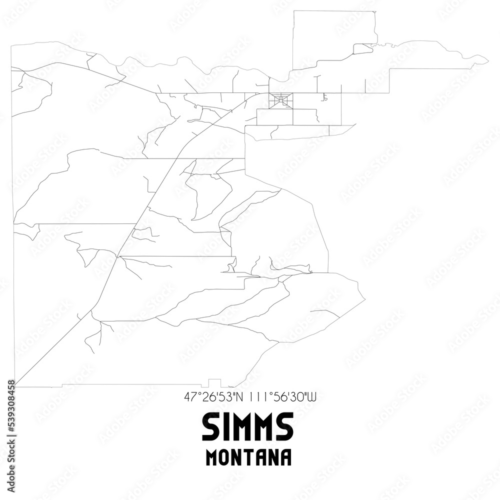 Simms Montana. US street map with black and white lines. Stock ...