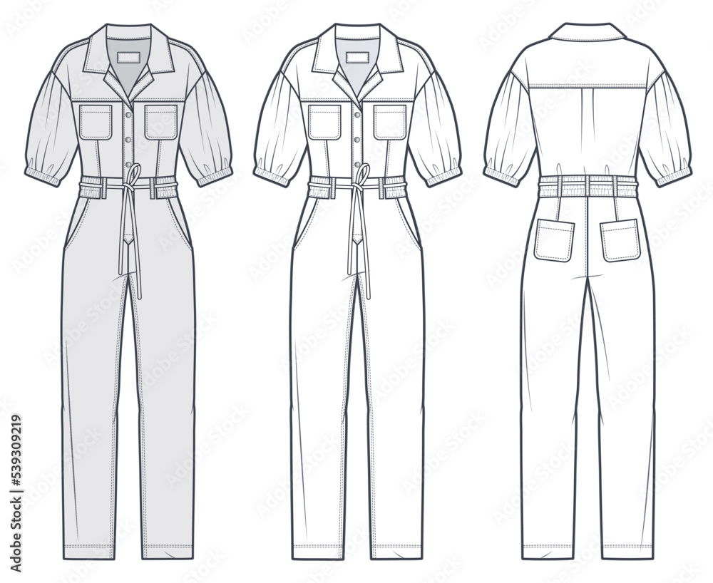 Women's Jumpsuit technical fashion Illustration. Utility Jumpsuit ...