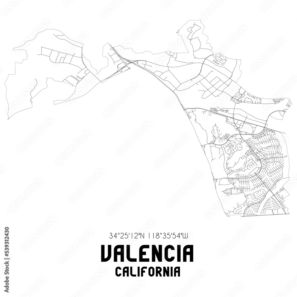 Valencia California. US street map with black and white lines. Stock ...