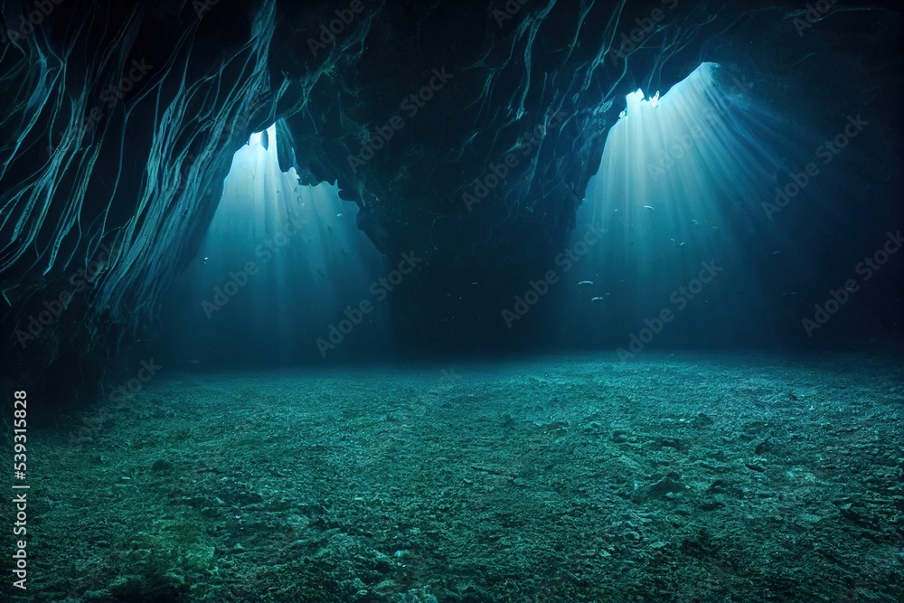 Dark underwater cave with sunlight beams. Deep sea cavern nature ...