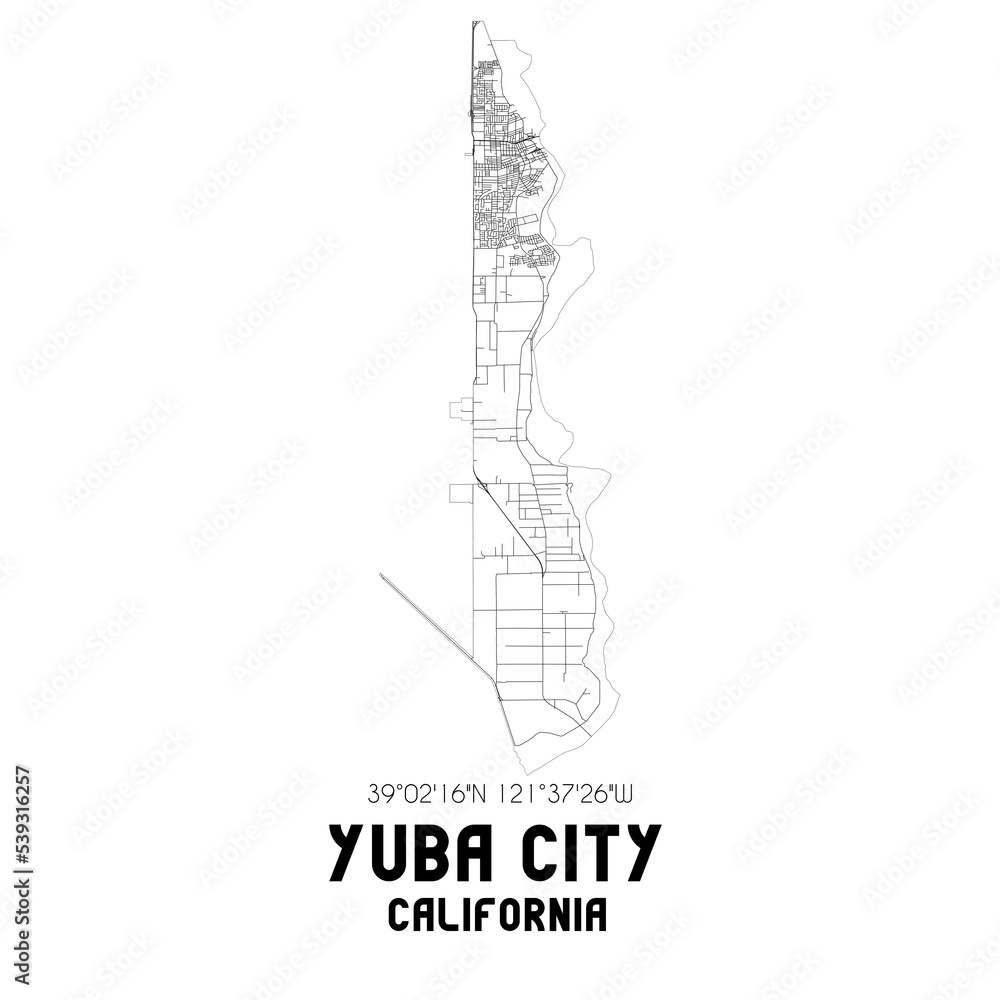 Yuba City California. US street map with black and white lines ...