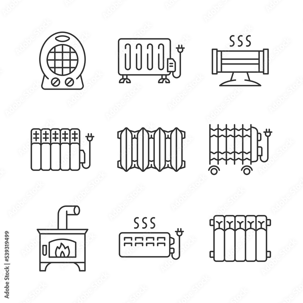 Heater line icon set. Heating equipment vector sign. Convector, oil ...