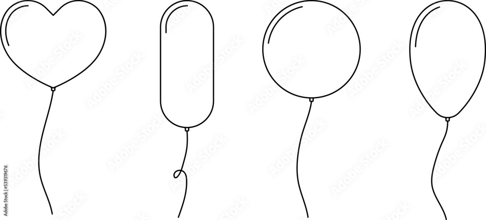 Balloon outline icons. Balloon with string in line cartoon style ...