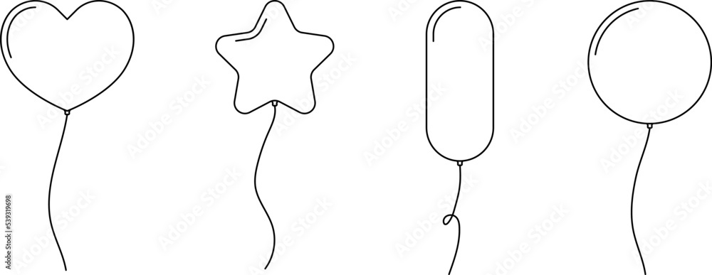 Balloon outline icons. Balloon with string in line cartoon style ...