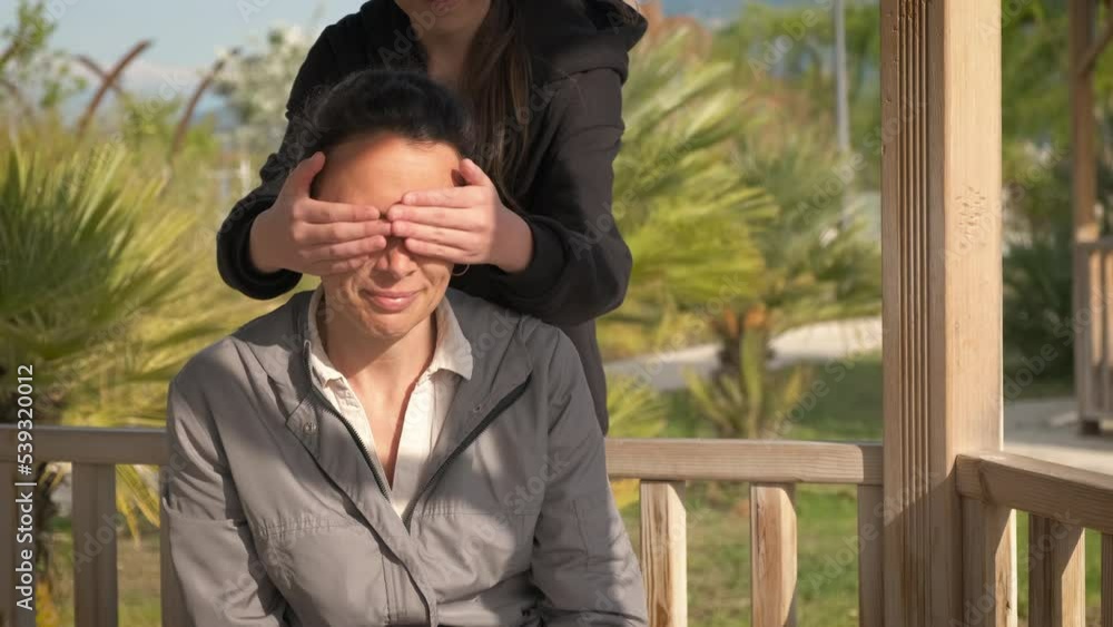 Cover mother eyes with hands in park. A playful child cove her mother's ...