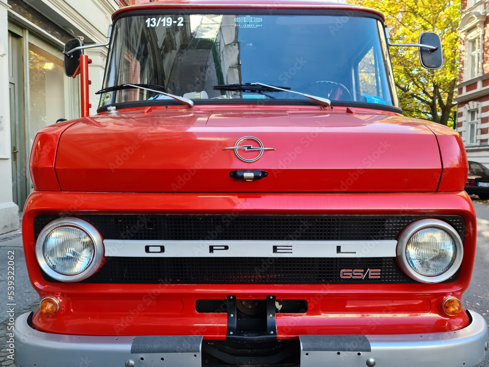 Berlin Germany - 16. October 2022: Front view of an old red Opel truck ...