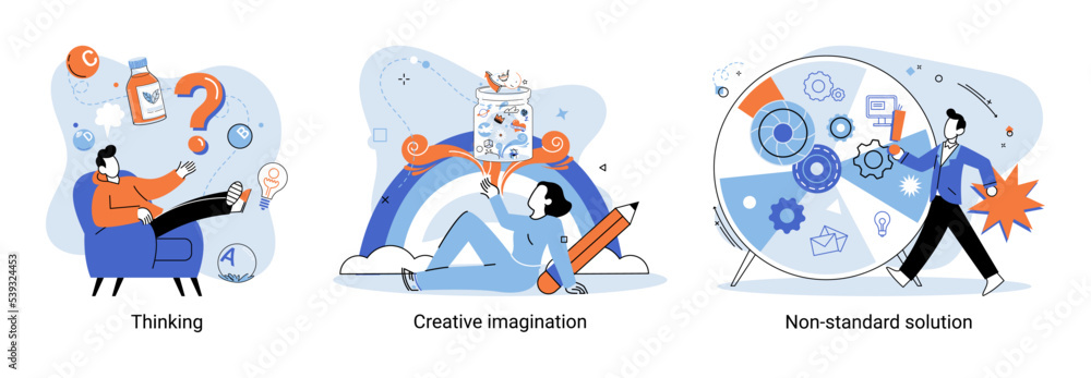 Creative thinking. People with different mental mindset types or model ...