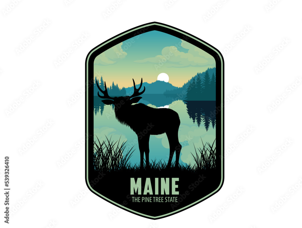 Maine vector label with moose in Katahdin Woods and Waters National ...