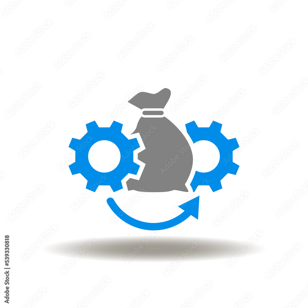 Vector illustration of gear process with arrow and bag. Icon of asset ...