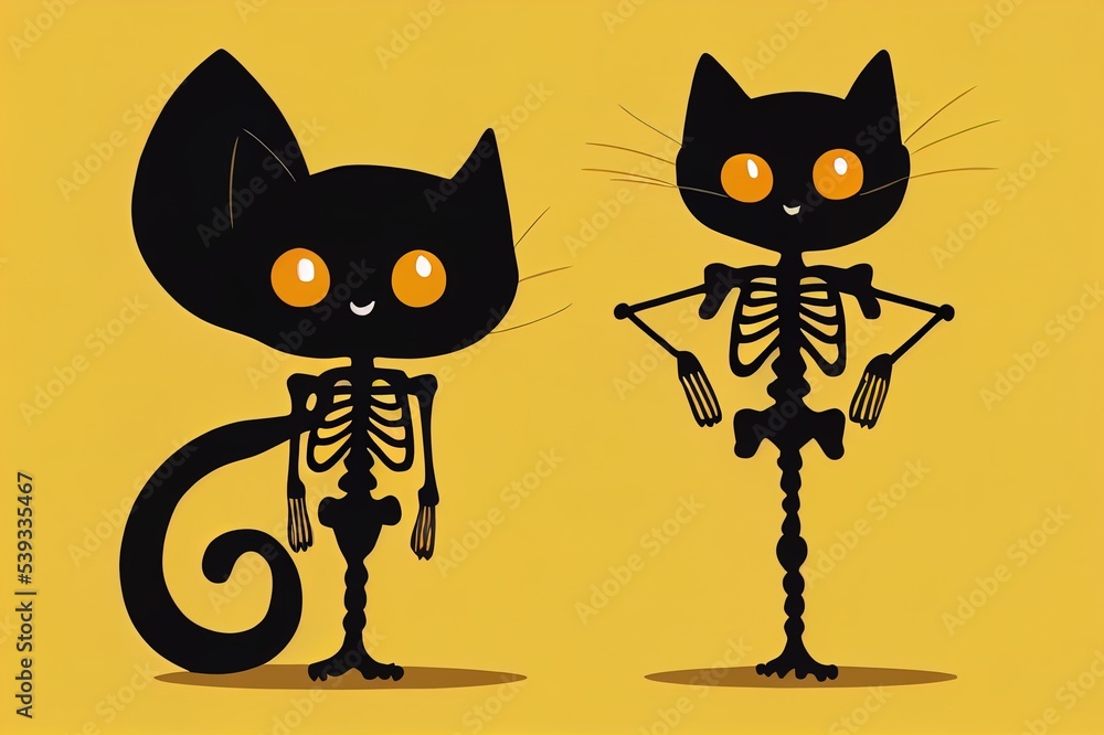 Cartoon black cat drawing with skeleton, cute Schrodinger's cat ...
