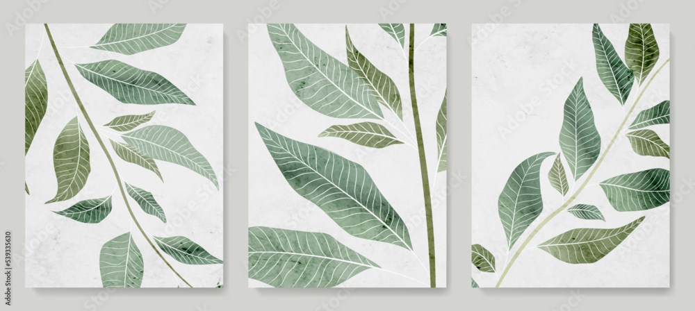 Watercolor art background with leaves on a tree branch in green and ...